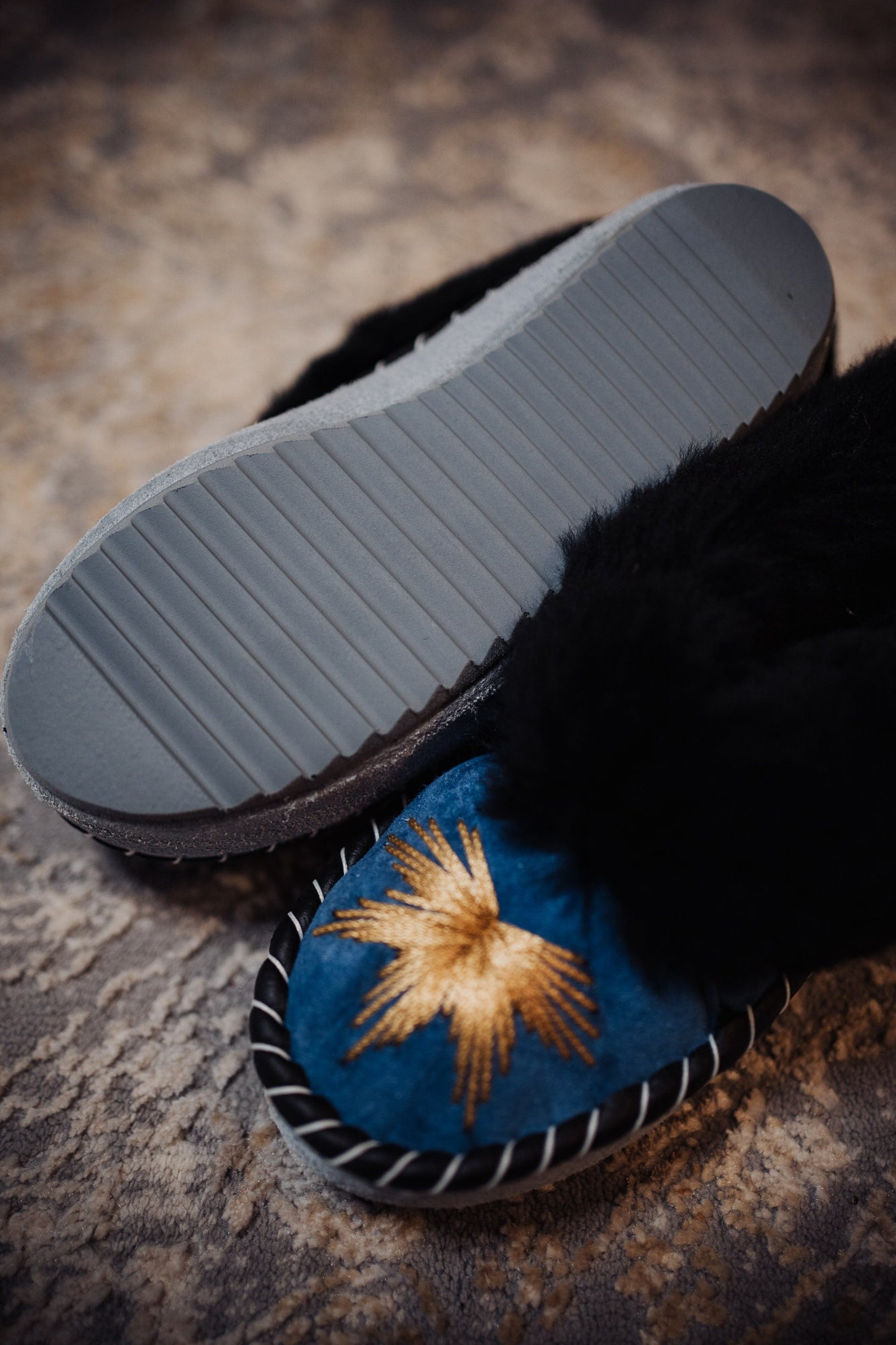 GOLDEN STAR Blue Sheepskin Slippers With Rubber Sole, Natural Leather ...