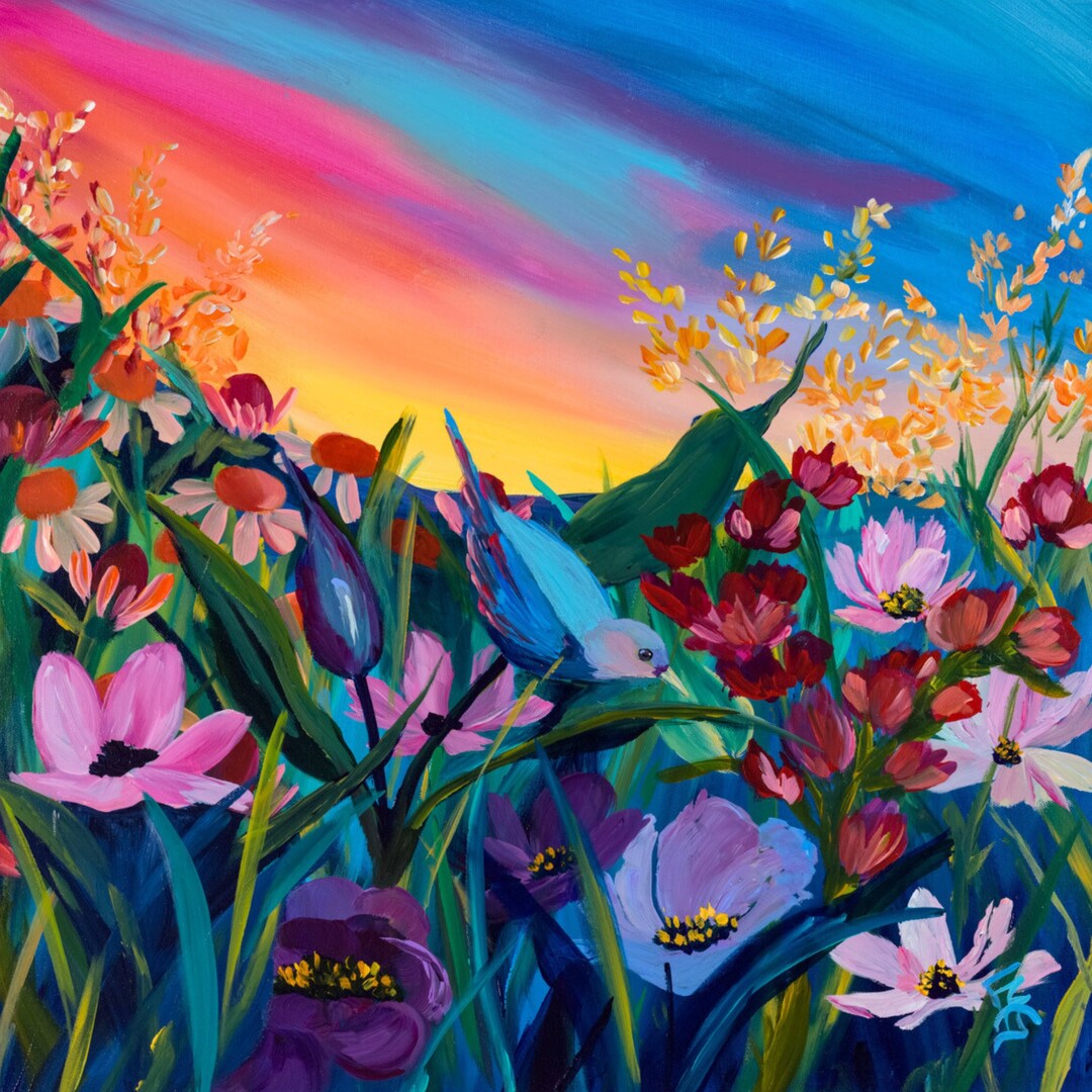 Whimsical Vibrant Floral Sun Rise Painting 24x24 Bright Sun Rise Canvas ...