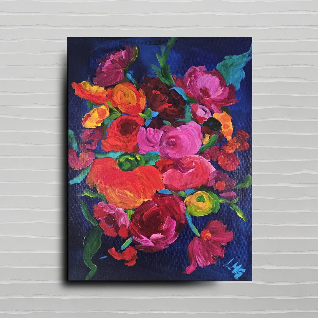 Still Life, Blue Flower Bouquet Art, Colorful Expressionistic Flowers ...