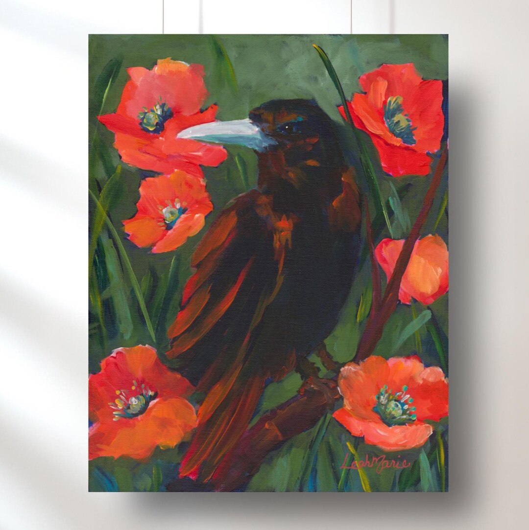 Raven With Orange Poppy Painting Original Hand Painted 11x14 Canvas ...