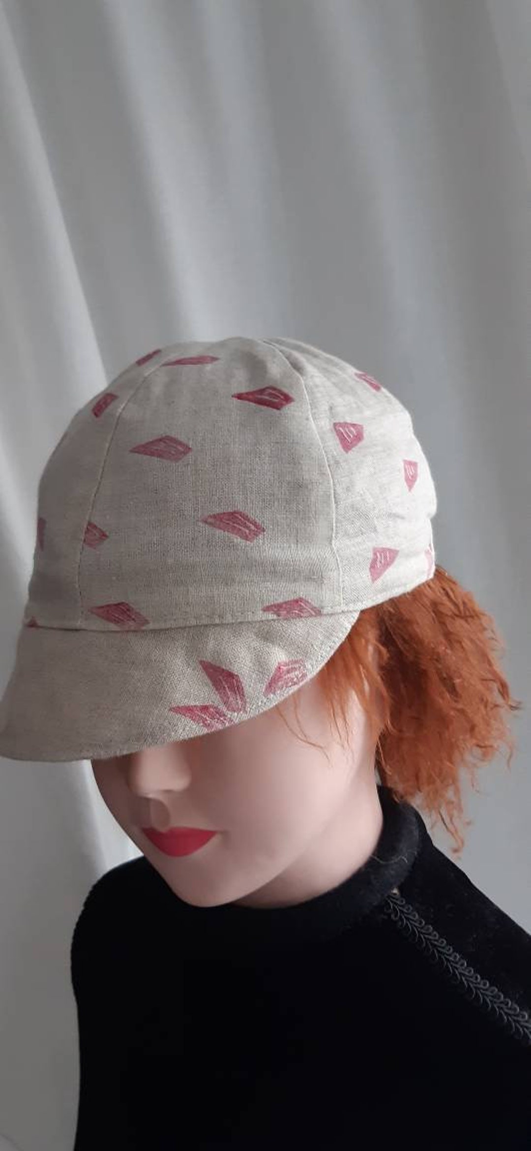Schoolboy Cap, Hand-printed Natural Linen, Natural and Red. - Etsy