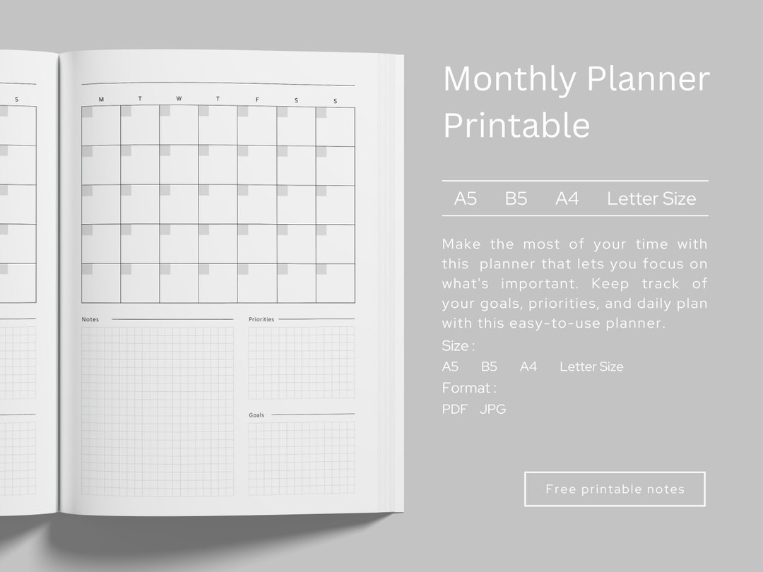 Monthly Planner Printable, Monthly Planner Template, A5, A4, B5 ...
