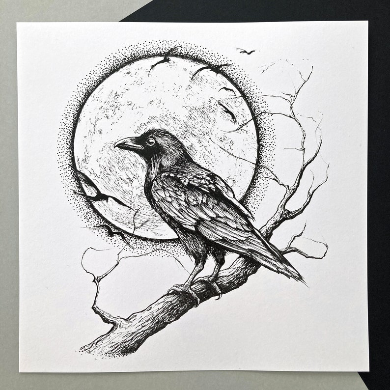 Raven and Full Moon / 8"x8" Art Print of Original Ink Drawing - Etsy
