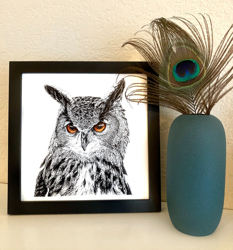 Great Horned Owl | 8"x8" Art Print of Original Ink Drawing | Animal Art ...
