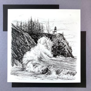 PNW Seascape / 8"x8" Art Print of Original Ink Drawing / Coastal Art - Etsy