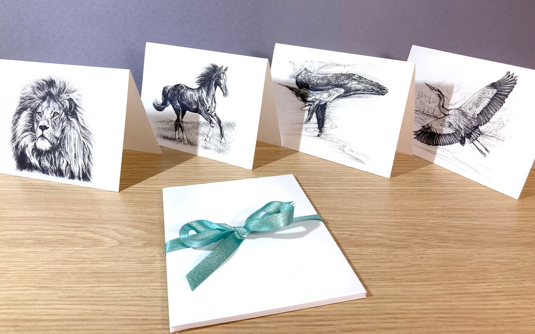 Ink Animals Greeting Card Set | Set of 4 Horizontal Cards With White ...