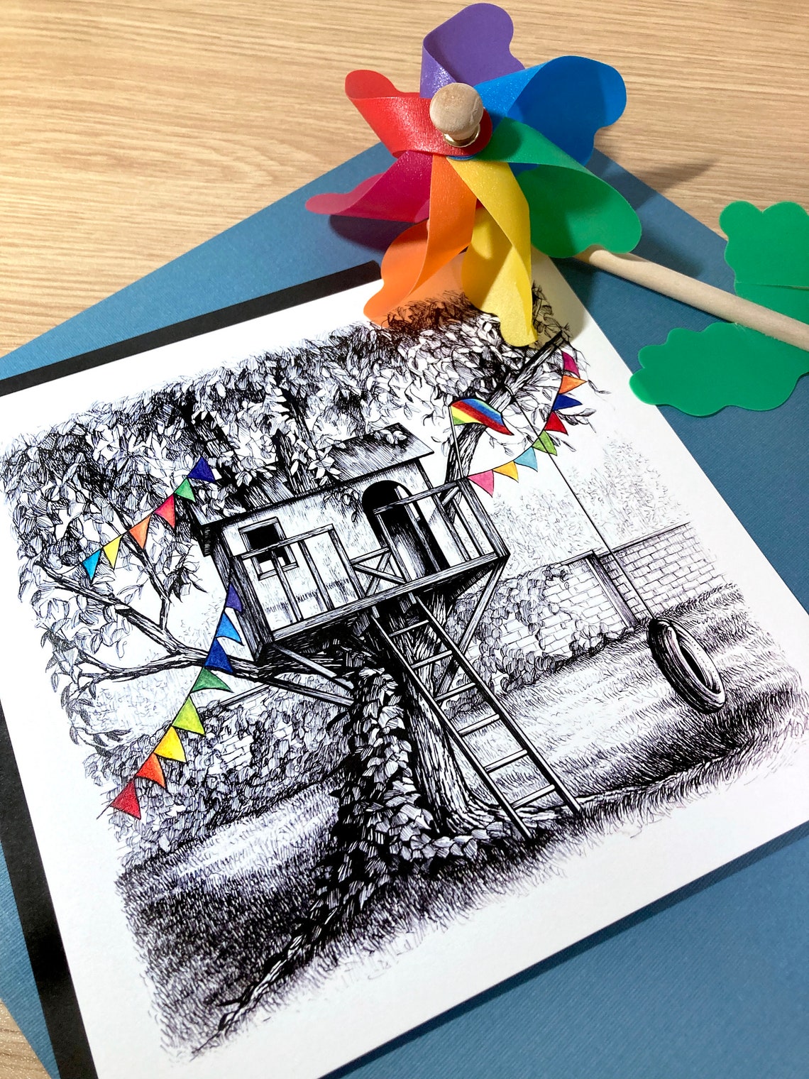 Treehouse With Rainbow Flags | 8"x8" Art Print of Original Ink and ...