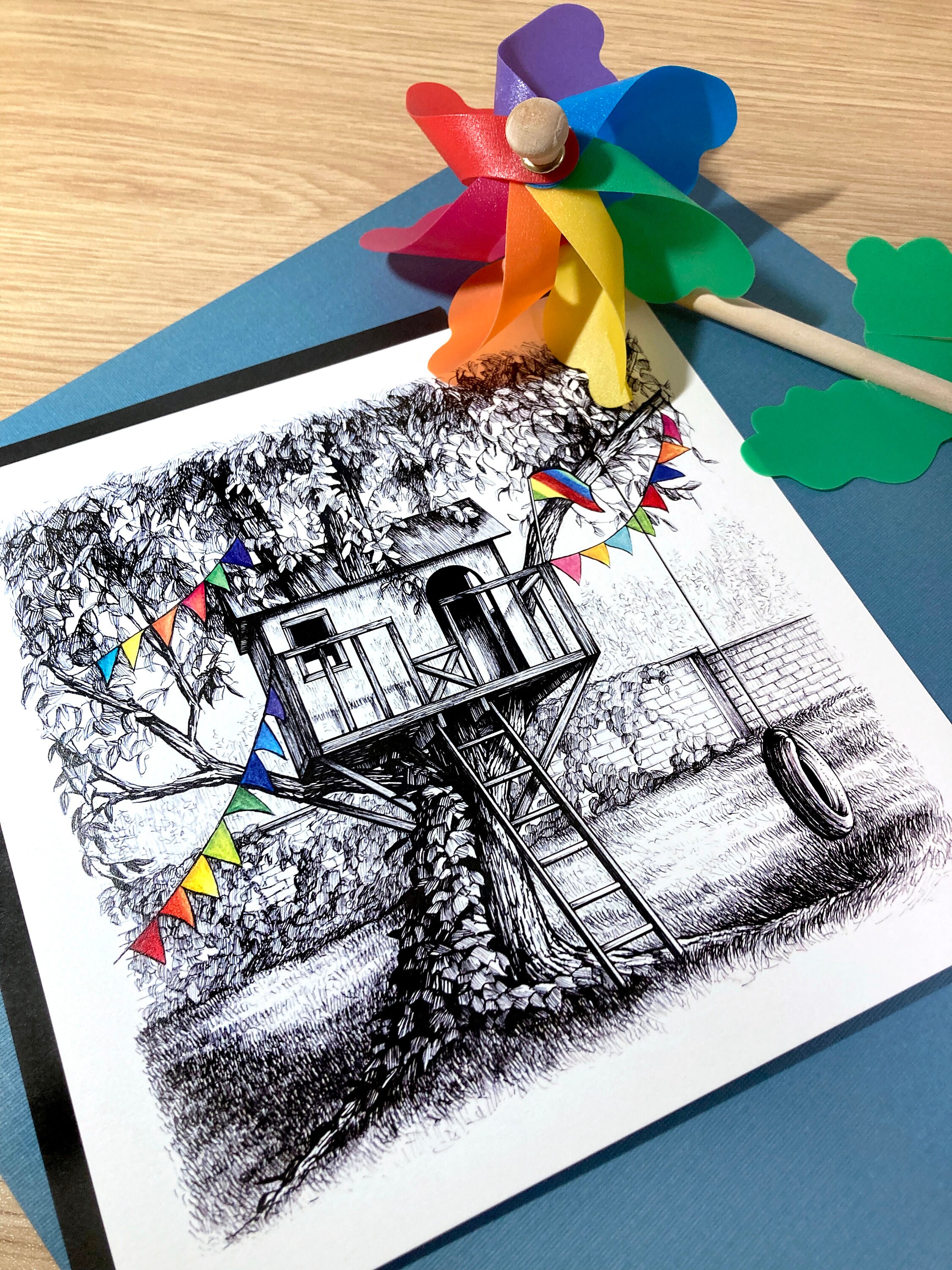 Treehouse With Rainbow Flags | 8"x8" Art Print of Original Ink and ...