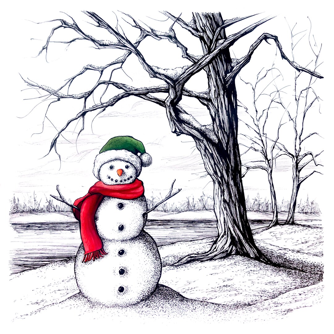 Snowman Winter Scene | 8"x8" Art Print of My Original Ink Drawing ...