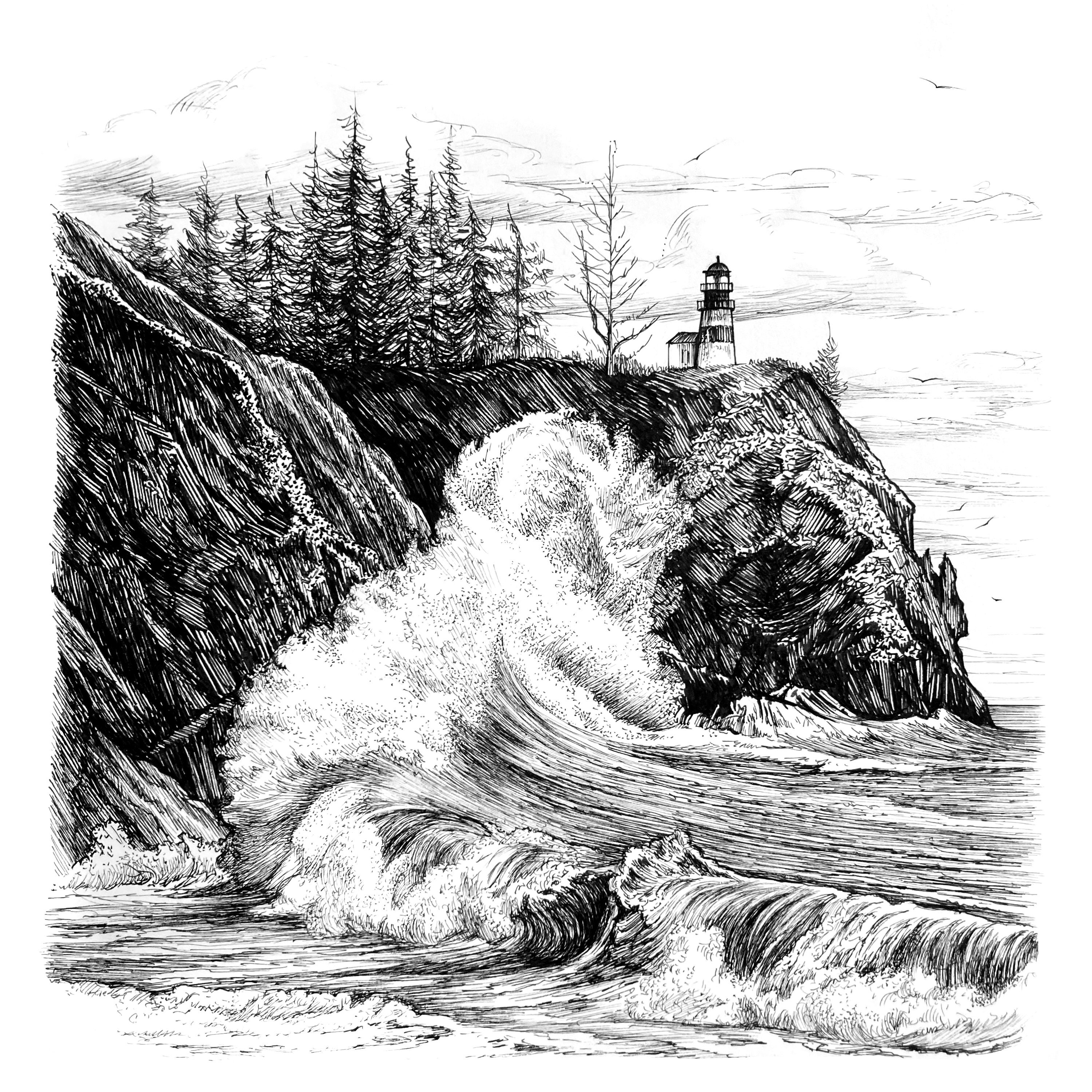 PNW Seascape / 8"x8" Art Print of Original Ink Drawing / Coastal Art - Etsy