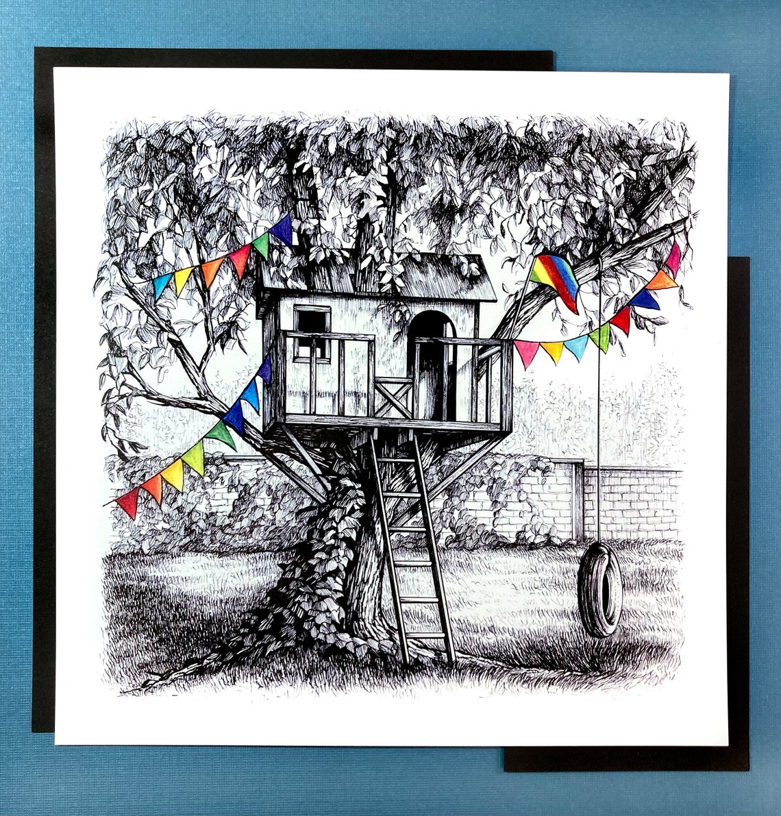 Treehouse With Rainbow Flags | 8"x8" Art Print of Original Ink and ...