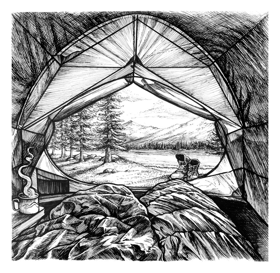 Camping Scene / 8"x8" Art Print of Original Ink Drawing - Etsy