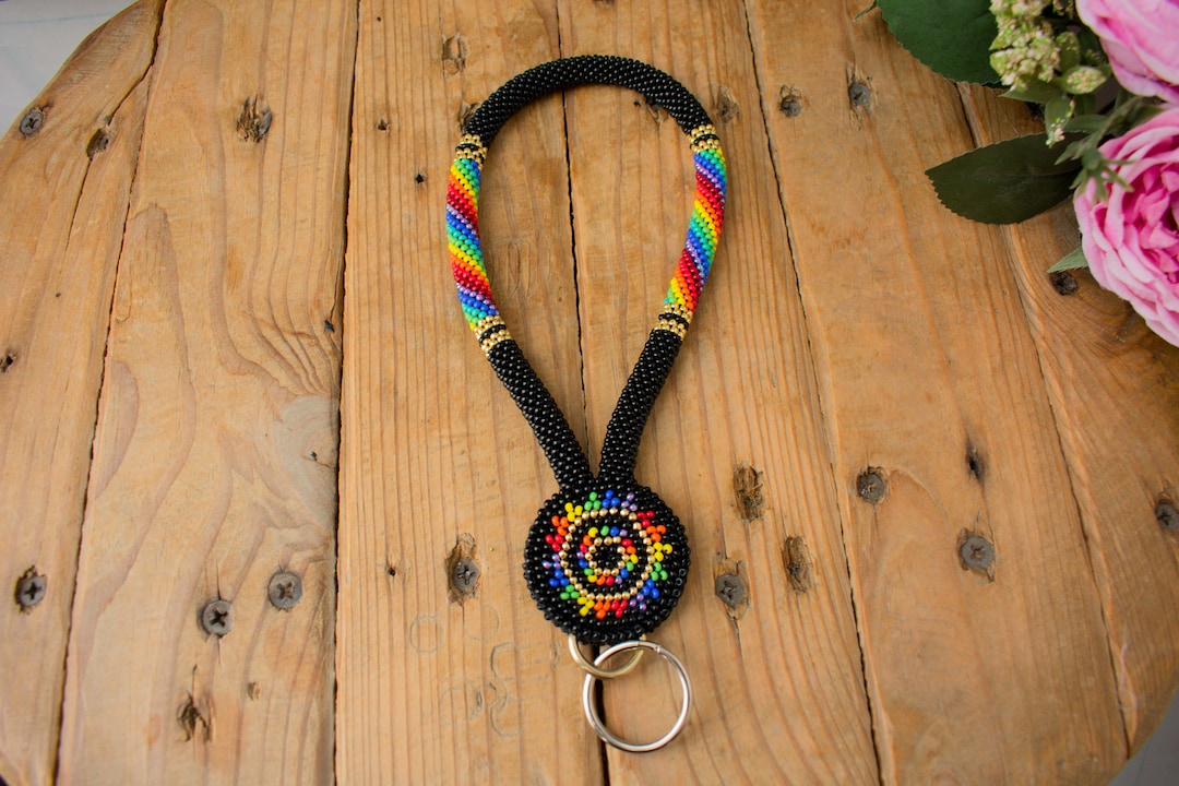 Native Style Wrist Lanyard Rainbow Beaded Keychain With Medallion Car ...