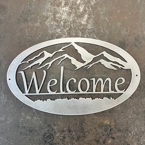 Oval Mountain Welcome Metal Sign, Metal Word Wall Art, Outdoor Welcome ...