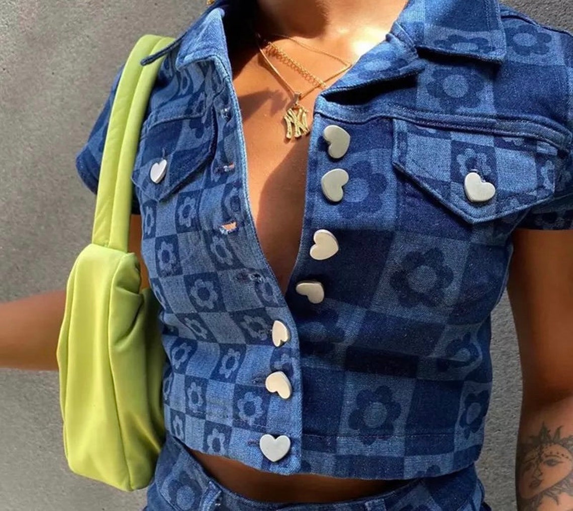 Denim Floral Shirt and Pants floral denim sets matching set | Etsy