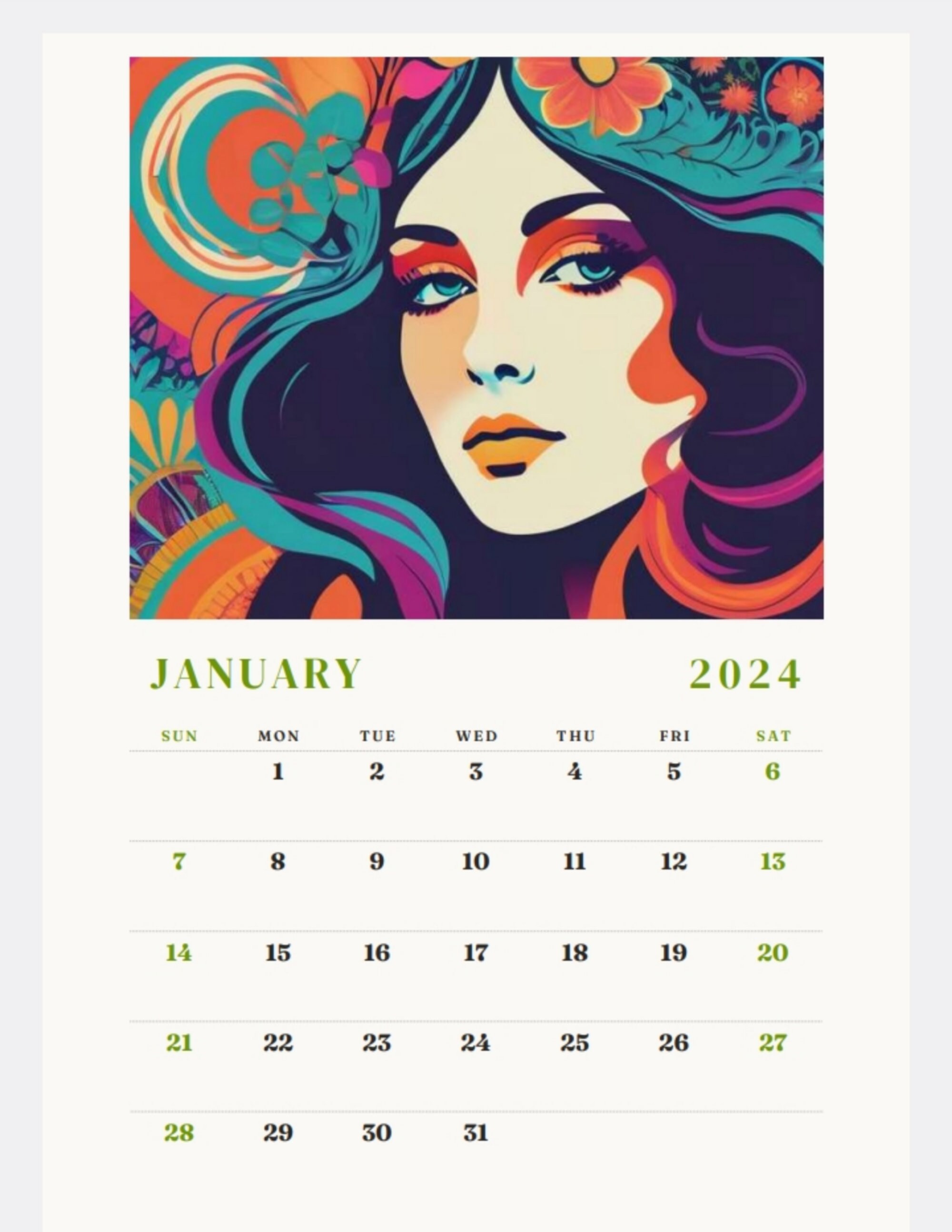 Flower Power Woman A4 Printable Calendar - Etsy