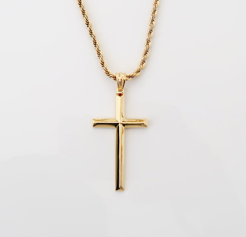 14K Gold Rope Chain Cross Pendant Necklace With Bevel Edge - Etsy