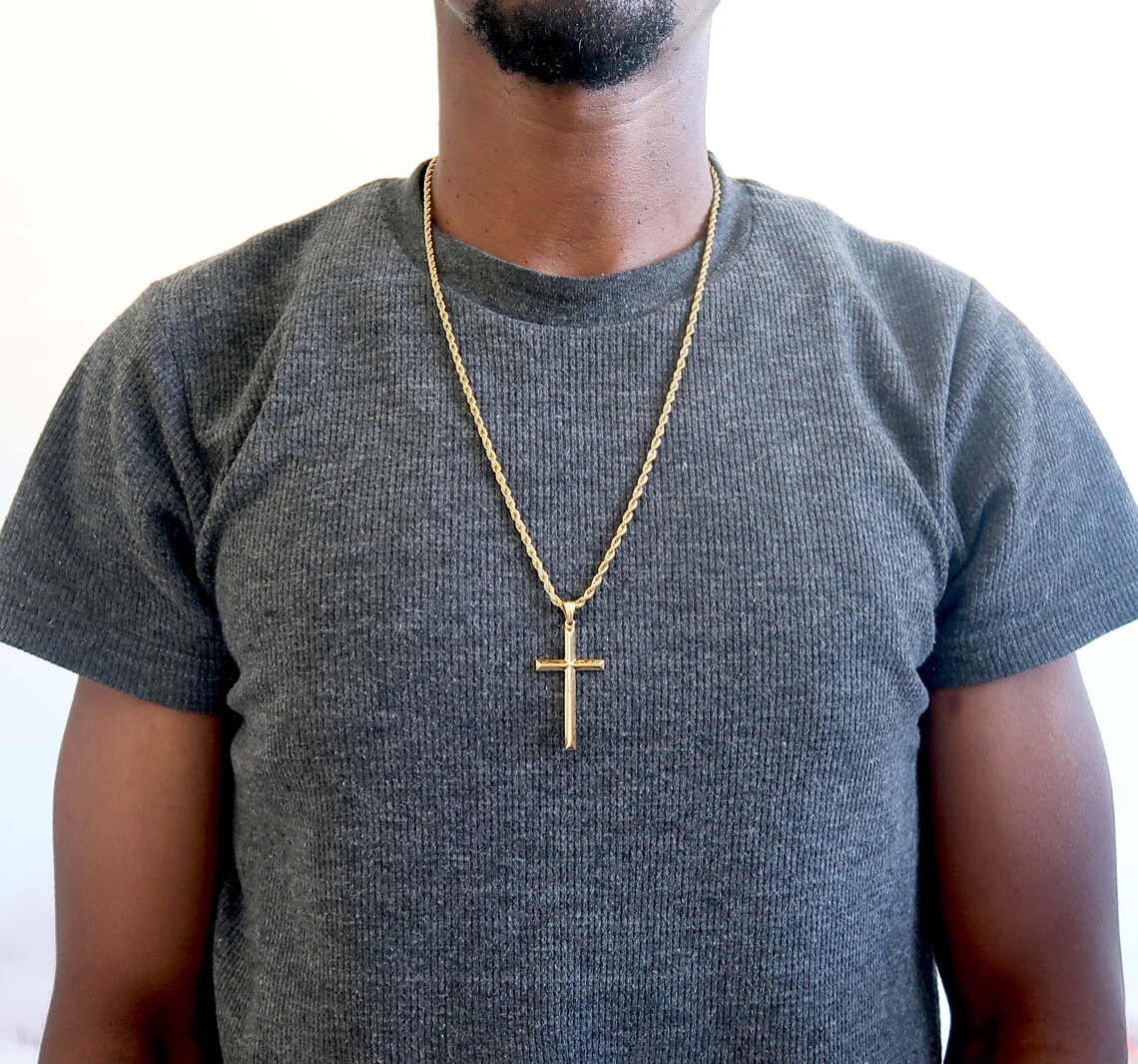 24K Gold Rope Chain Cross Pendant Necklace Bevel Edge Cross - Etsy