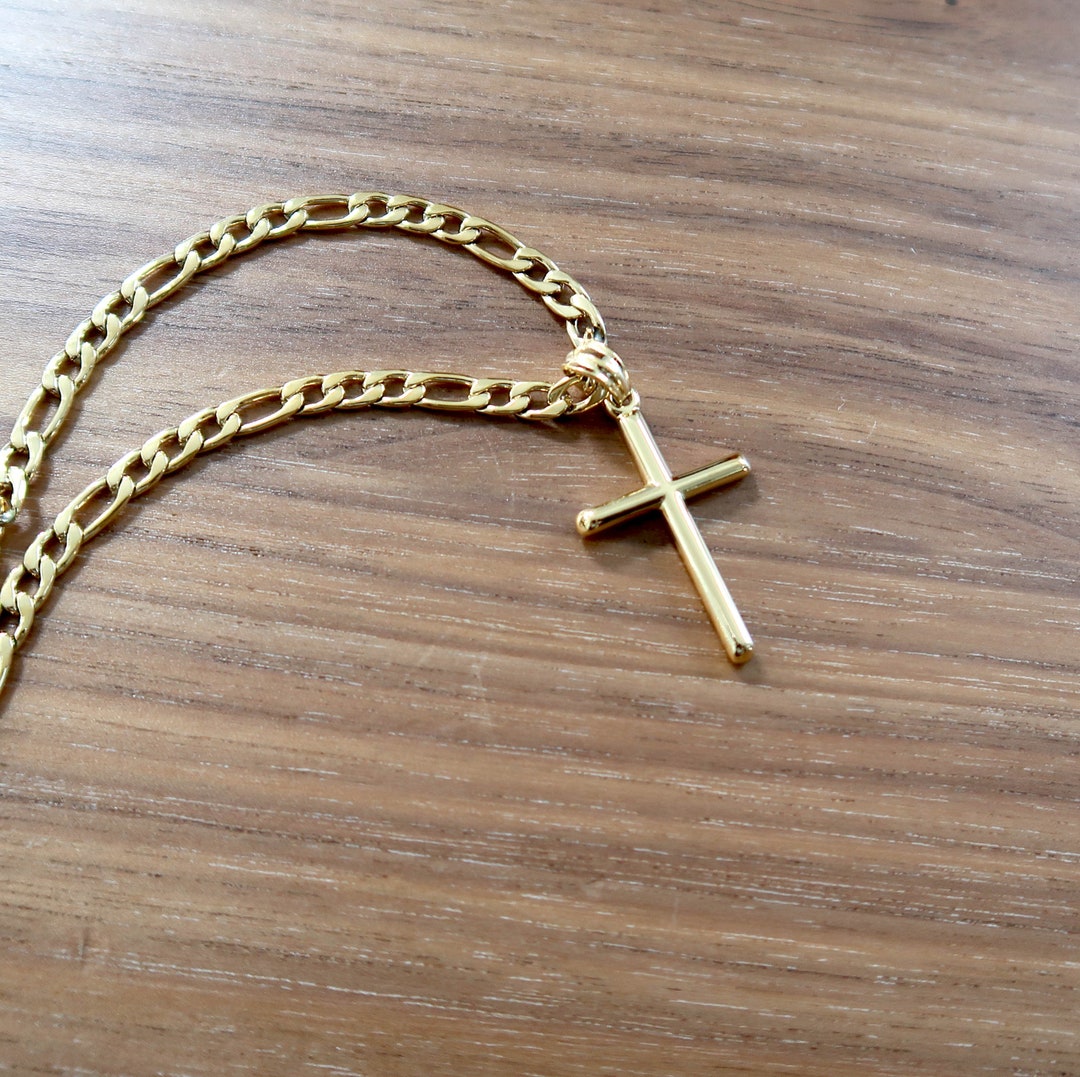 18K Small Gold Cross Figaro Chain for Men Women Teen Perfect Gift With ...