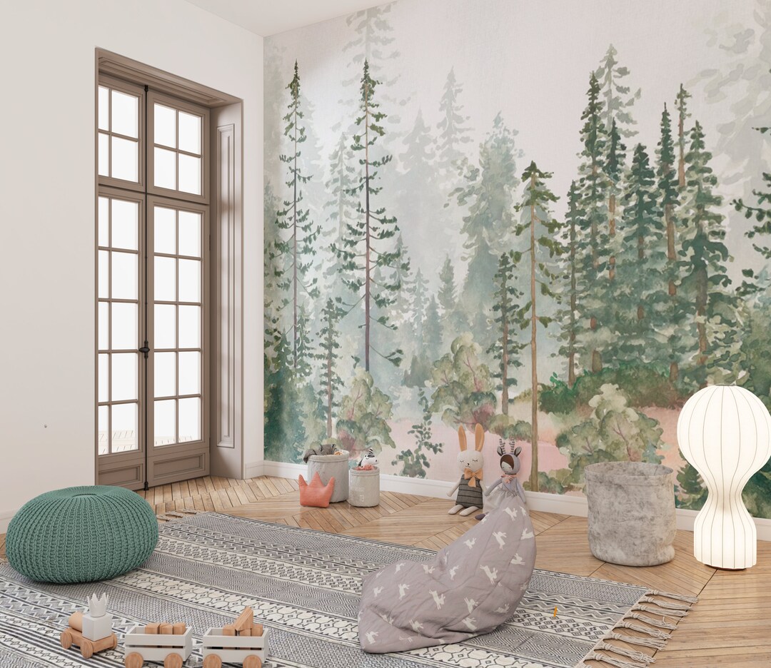 Pine Trees Woodland Wallpaper, Watercolor Peel and Stick Wall Murtal ...