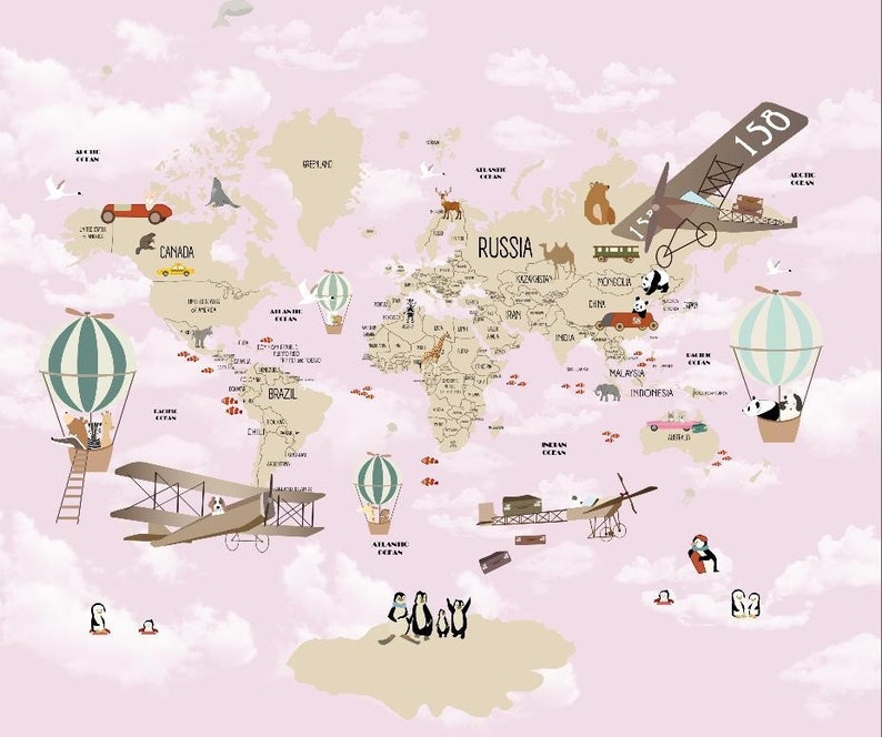 World Map With Balloons and Airplanes Wallpaper for Kids - Etsy