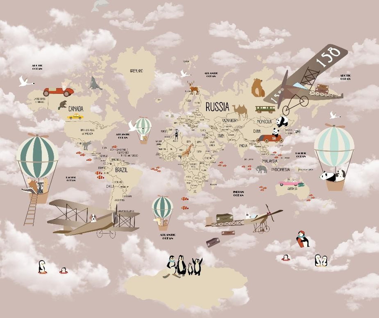World Map With Balloons and Airplanes Wallpaper for Kids - Etsy