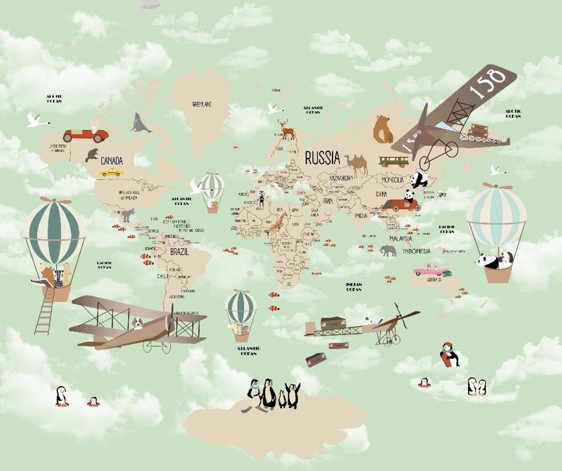 World Map With Balloons and Airplanes Wallpaper for Kids - Etsy