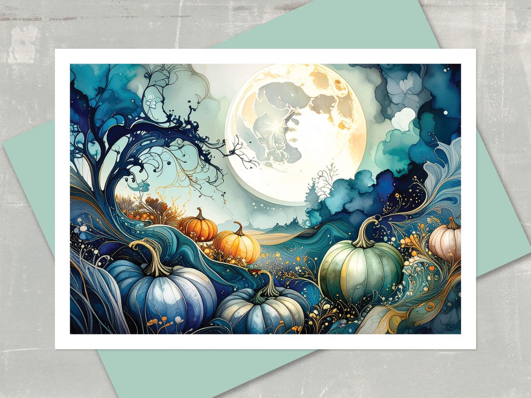 Fantasy Pumpkin Moon Note Card: Whimsical Halloween Greeting - Etsy