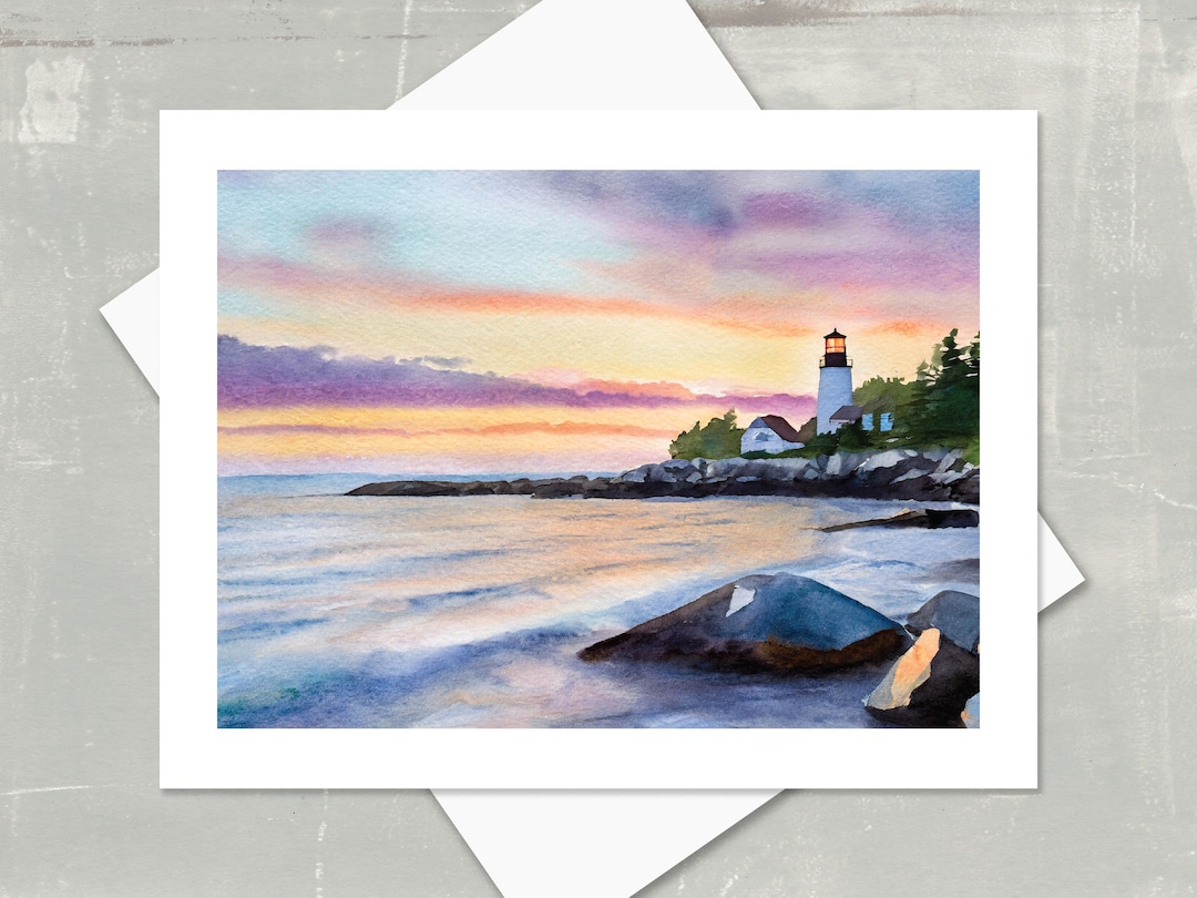 Watercolor Lighthouse Sunset Note Card: Coastal Blank Greeting Card - Etsy