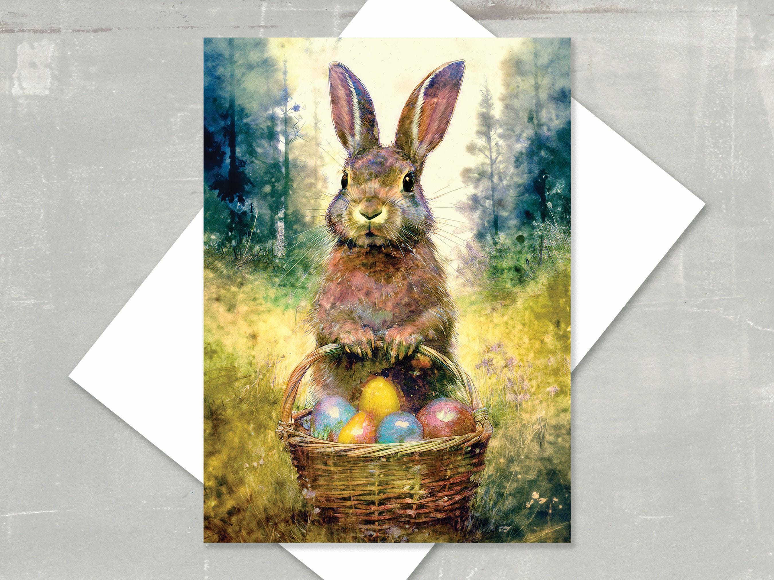 Bunny Easter Card: Basket of Eggs, Can Be Personalized - 5x7 Card - Etsy
