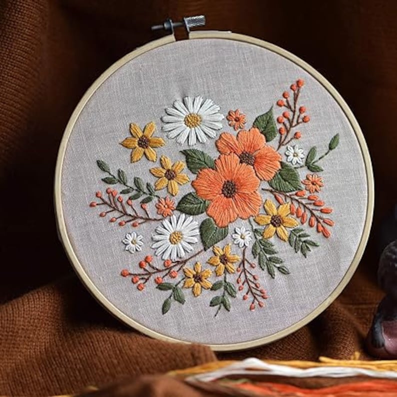 DIY Embroidery Orange Flowers Complete Kit With Bamboo Hoop, Beginner ...