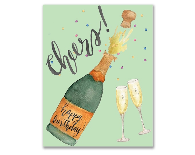 Champagne Birthday Card, Cheers, Birthday Drink, Celebration Card ...