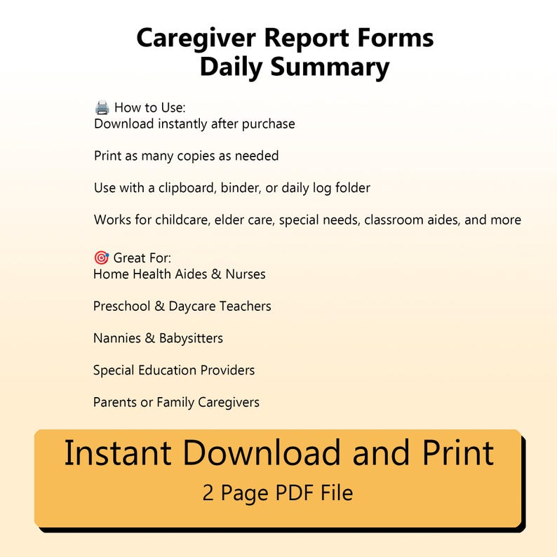 Printable Caregiver Daily Report Form – 2 Page Daily Tracker for Nurses ...