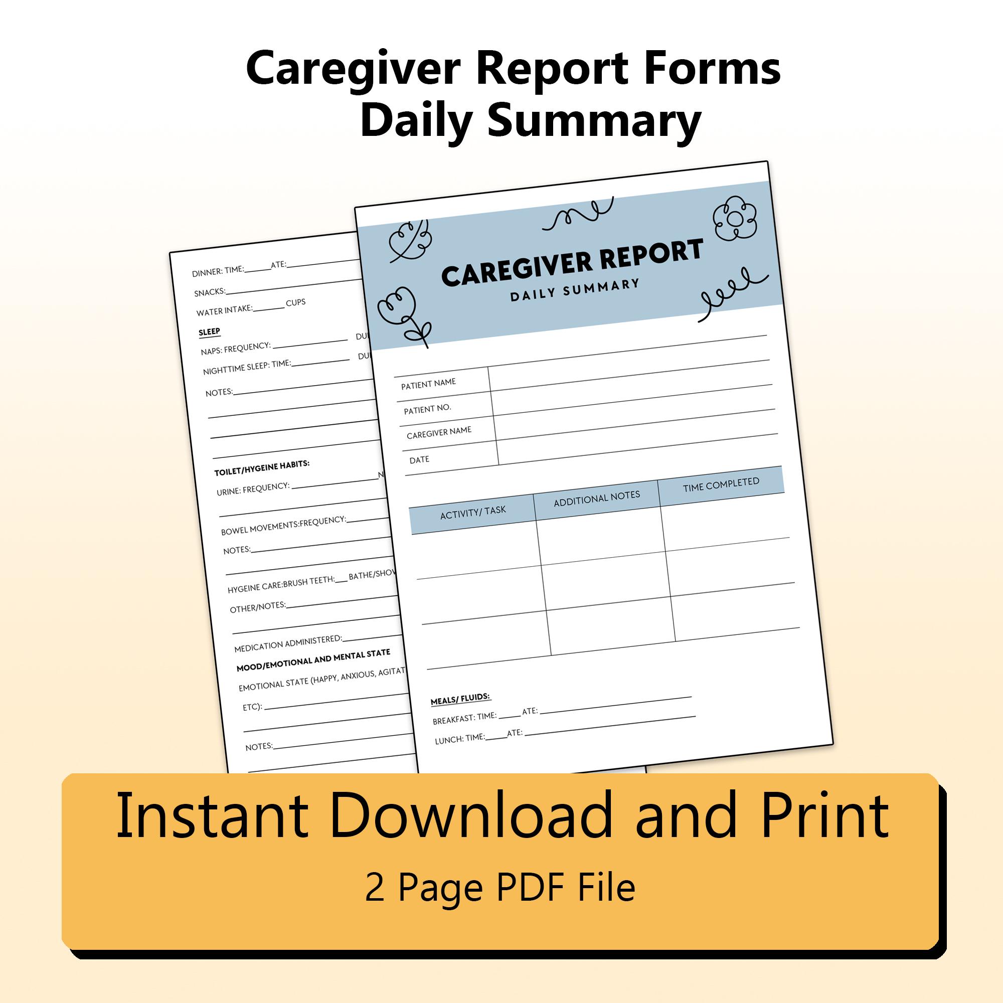 Printable Caregiver Daily Report Form – 2 Page Daily Tracker for Nurses ...