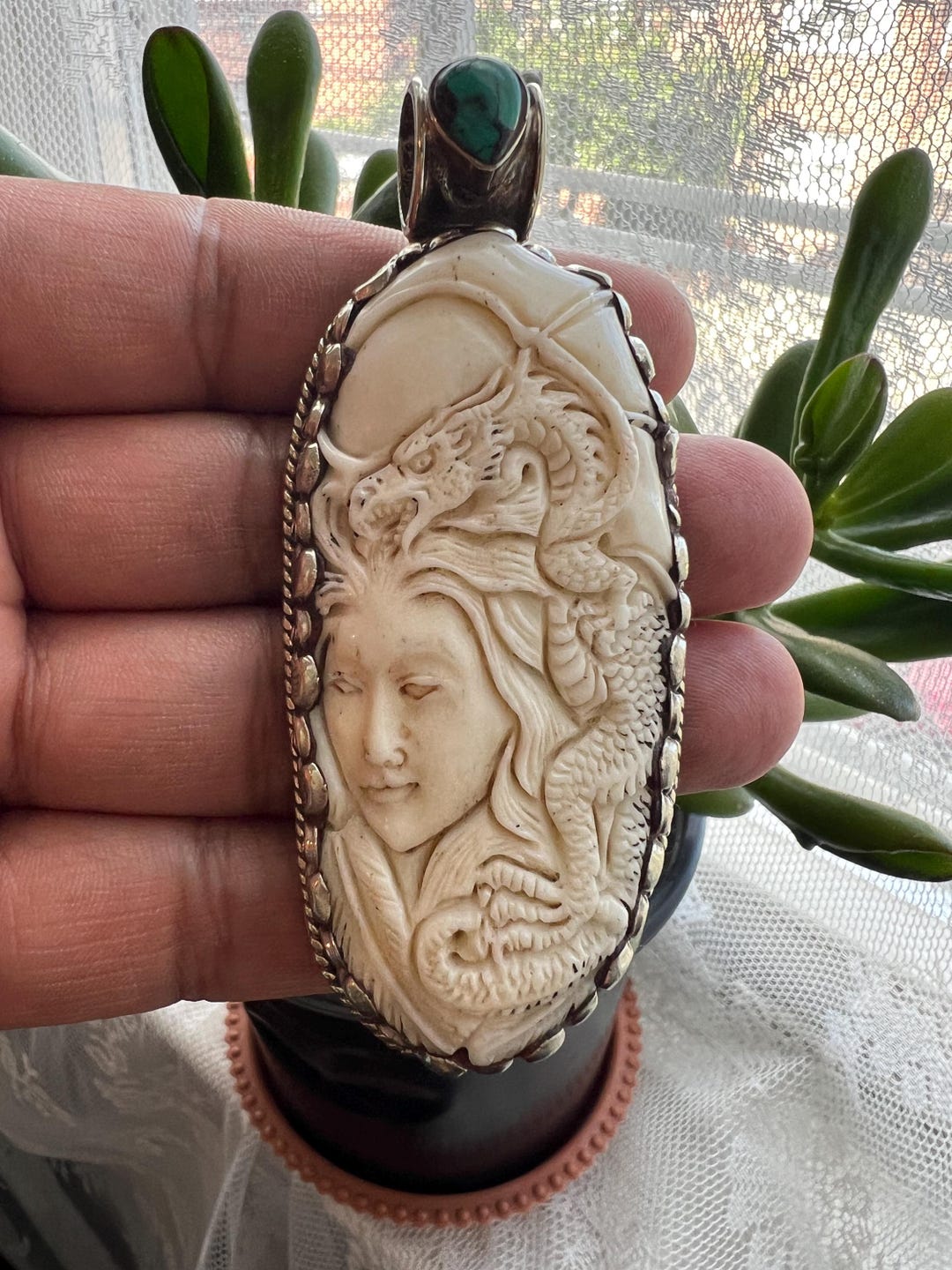 Women and Dragon Carved on Bone, Handcrafted, Tibetan Silver (P-173) - Etsy
