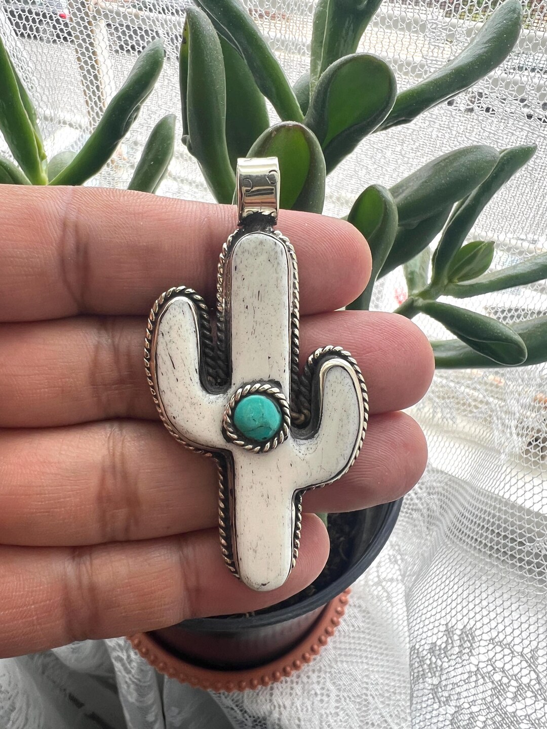 Hand Carved Cactus Pendant With Natural Turquoise , Bone Carved, Unisex ...