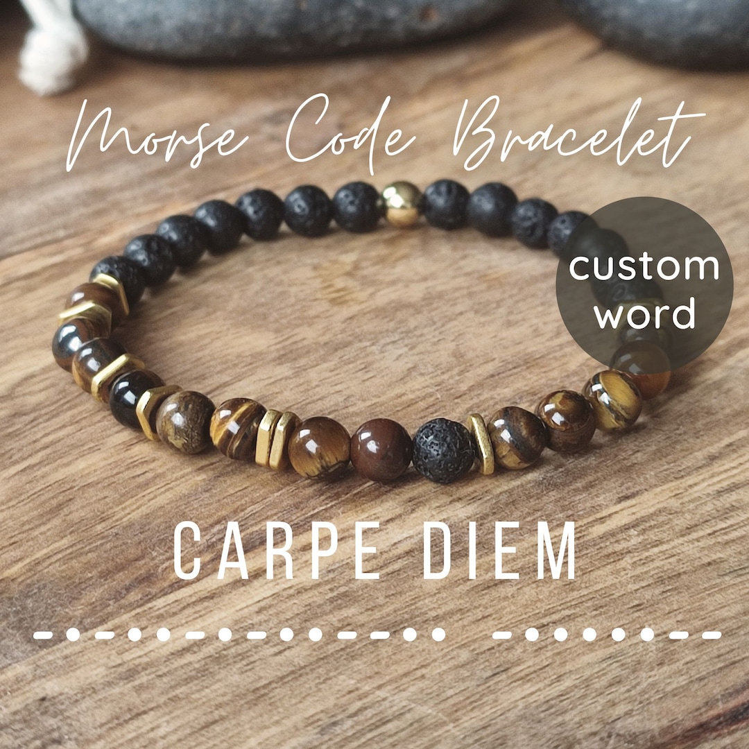 Mens Tiger Eye and Lava Morse Code Bracelet CARPE DIEM. Custom Beaded ...