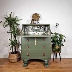 Vintage Lebus Green Writing Bureau Desk With Tropical Jungle - Custom ...