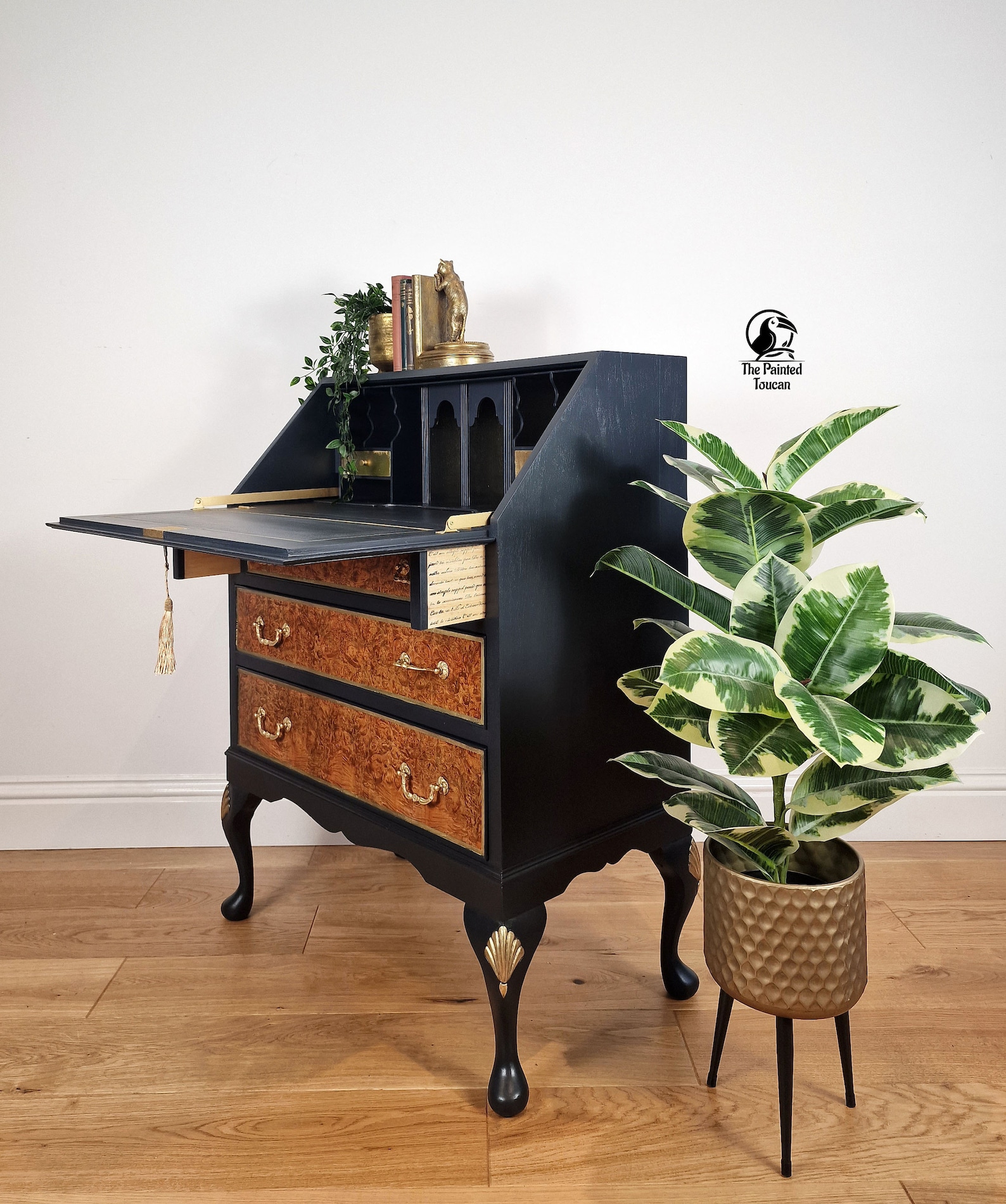 Burr Walnut Writing Desk Bureau, Dark Blue and Gold - Custom Order ...