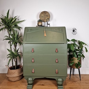 Vintage Lebus Green Writing Bureau Desk With Tropical Jungle - Custom ...