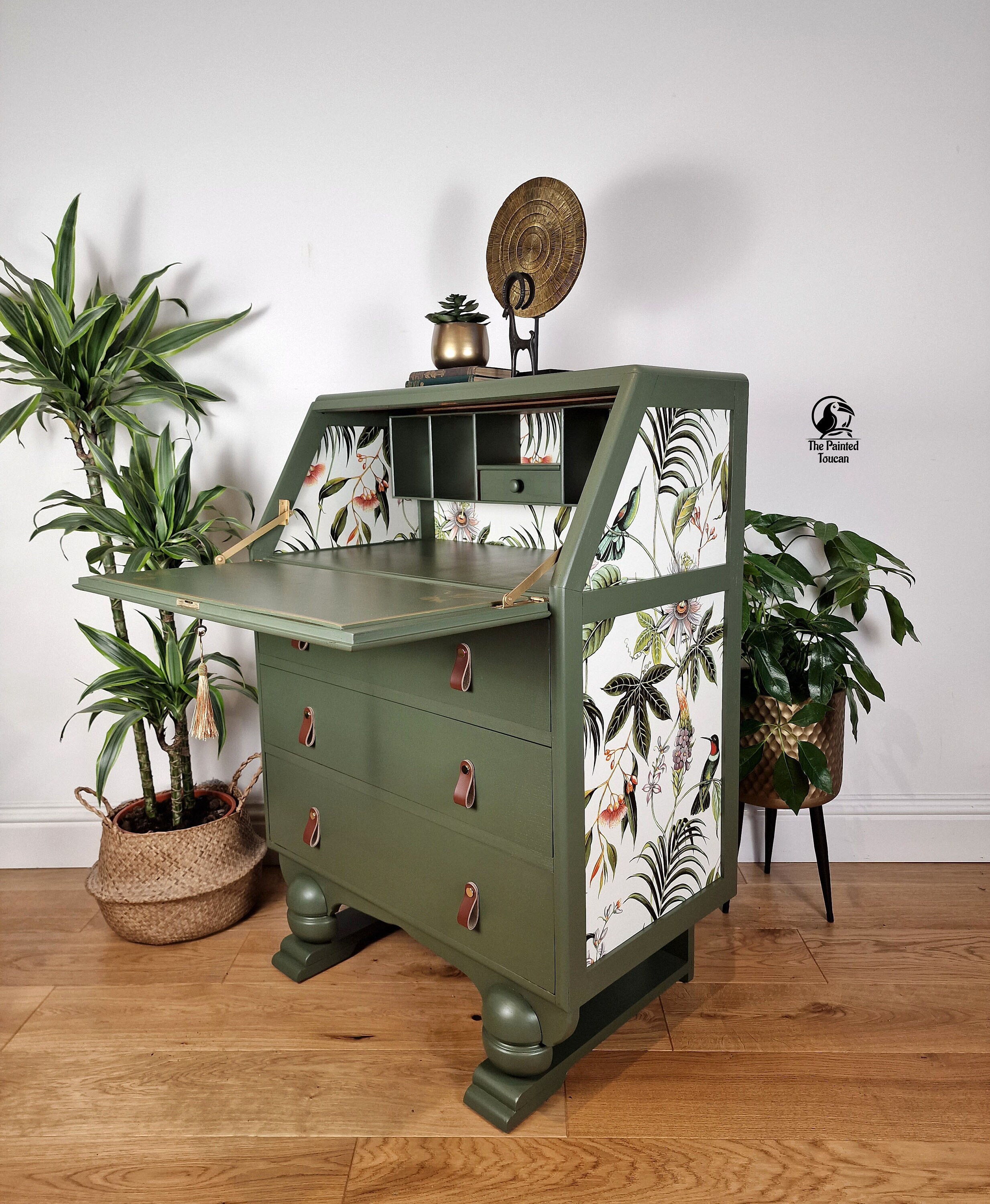 Vintage Lebus Green Writing Bureau Desk With Tropical Jungle Custom Order Etsy UK