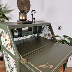 Vintage Lebus Green Writing Bureau Desk With Tropical Jungle - Custom ...