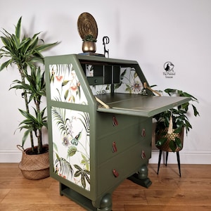 Vintage Lebus Green Writing Bureau Desk With Tropical Jungle - Custom ...