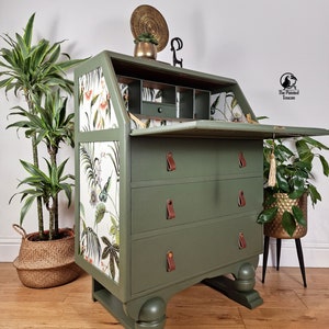 Vintage Lebus Green Writing Bureau Desk With Tropical Jungle - Custom ...