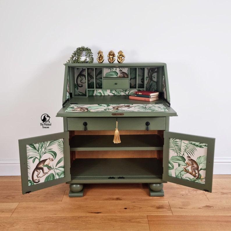 Vintage Lebus Green Writing Bureau Desk With Tropical Jungle - Etsy