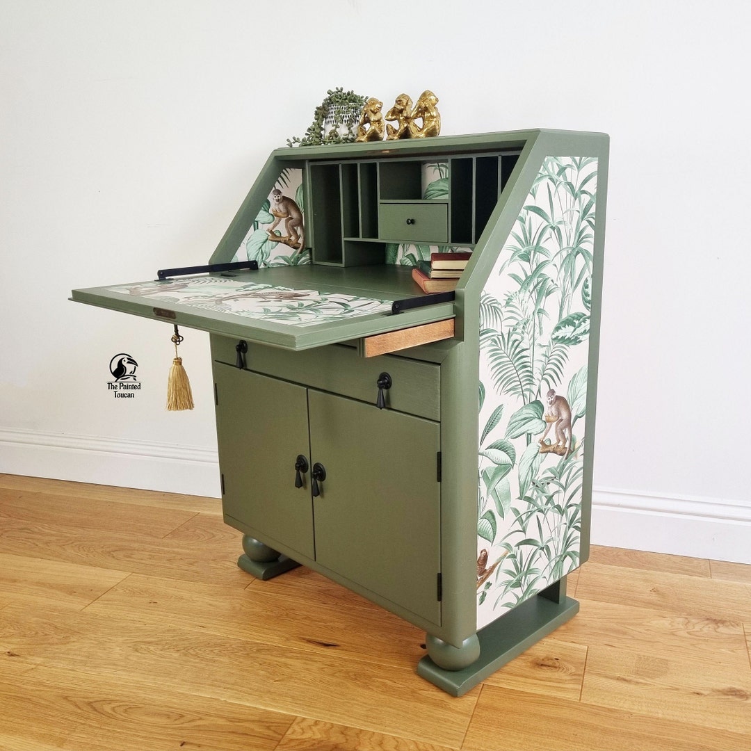 Vintage Lebus Green Writing Bureau Desk With Tropical Jungle - Etsy