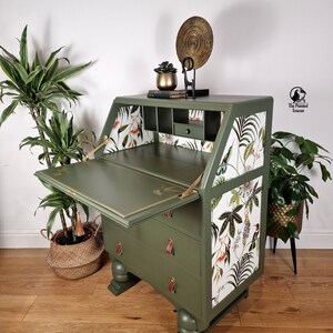 Vintage Lebus Green Writing Bureau Desk With Tropical Jungle - Custom ...