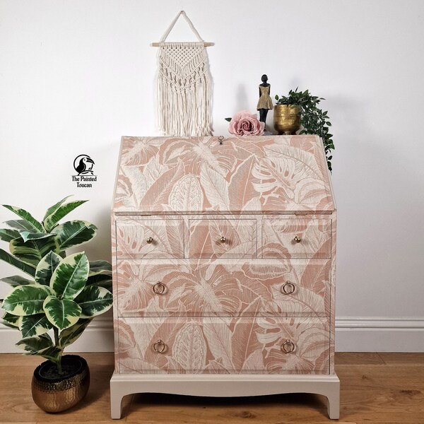 Vintage Lebus Green Writing Bureau Desk With Tropical Jungle Custom ...