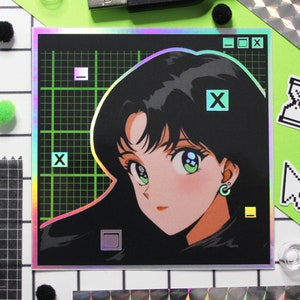 Anime Girl | Cybercore | Retro Anime Aesthetic | Holographic Stickers ...