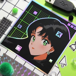 Anime Girl | Cybercore | Retro Anime Aesthetic | Holographic Stickers ...